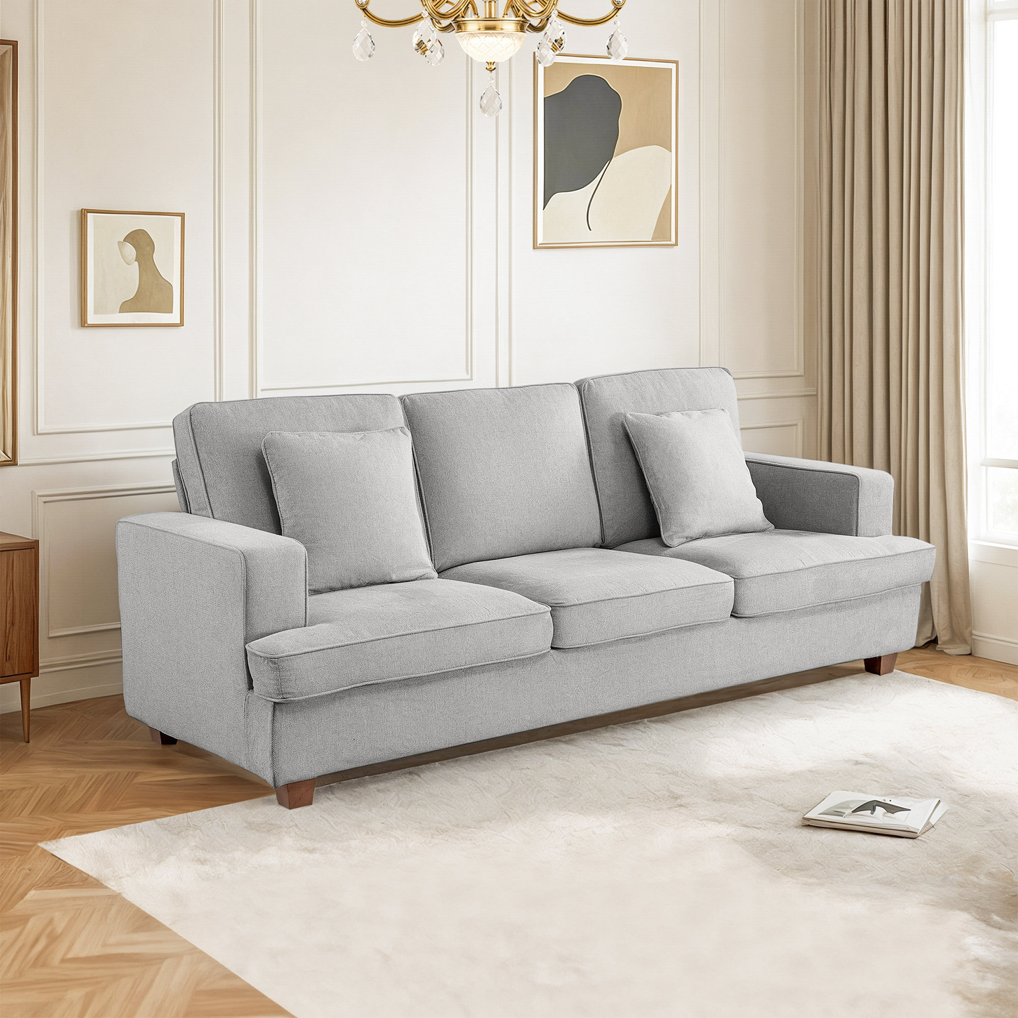 RELUXE HOME LLC Aloe 88" Mid-Century Modern Deep Seating Sofa with Removable Cushions & 2 Toss ...